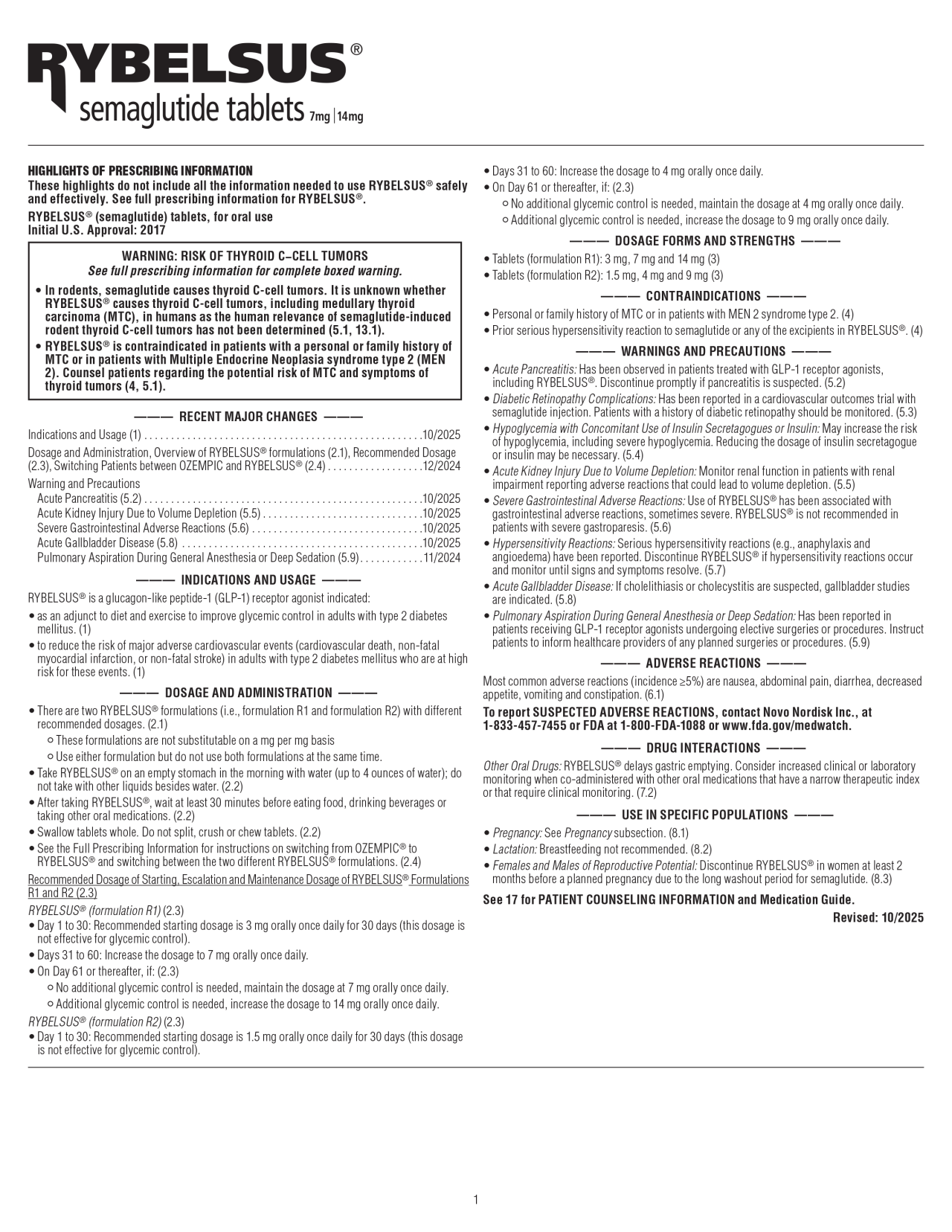 RYBELSUS® (semaglutide) tablets 7 mg or 14 mg Prescribing Information